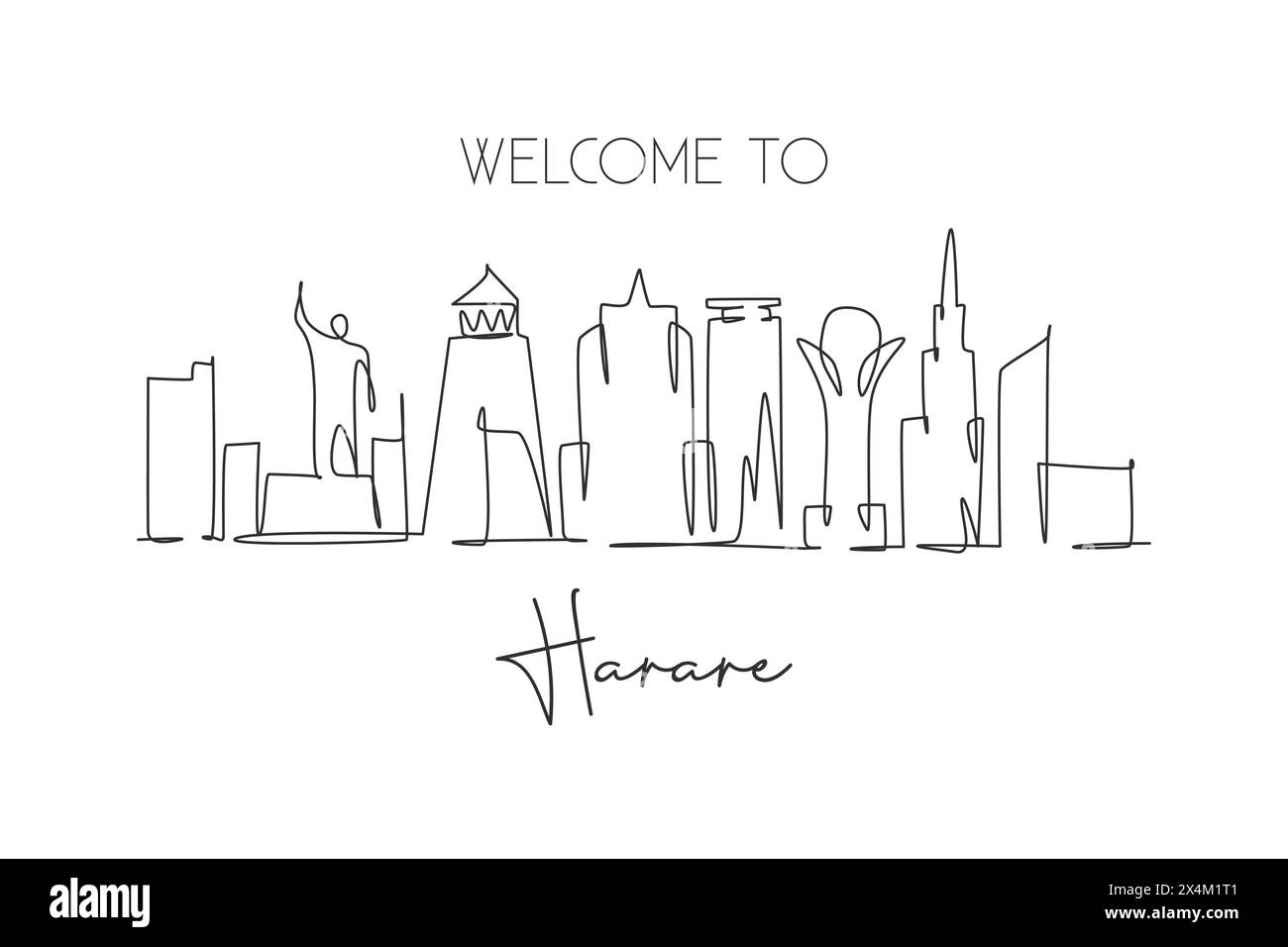 Single continuous line drawing of Harare city skyline, Zimbabwe. Famous ...