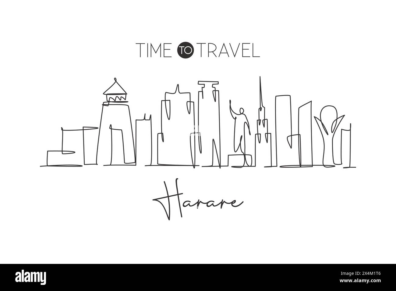 One single line drawing of city Harare skyline, Zimbabwe. Historical ...