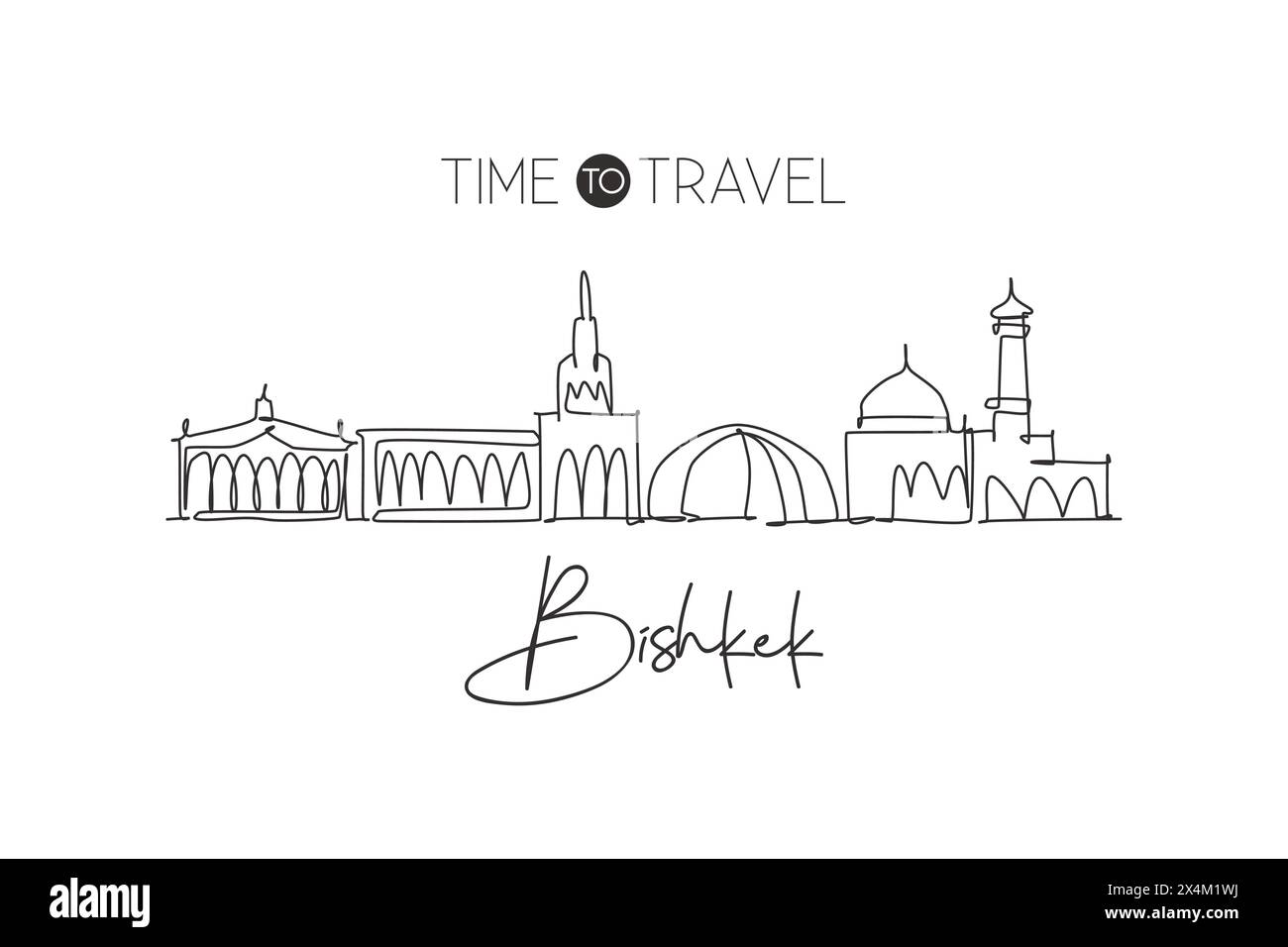 Single continuous line drawing of Bishkek skyline, Kyrgyzstan. Famous ...