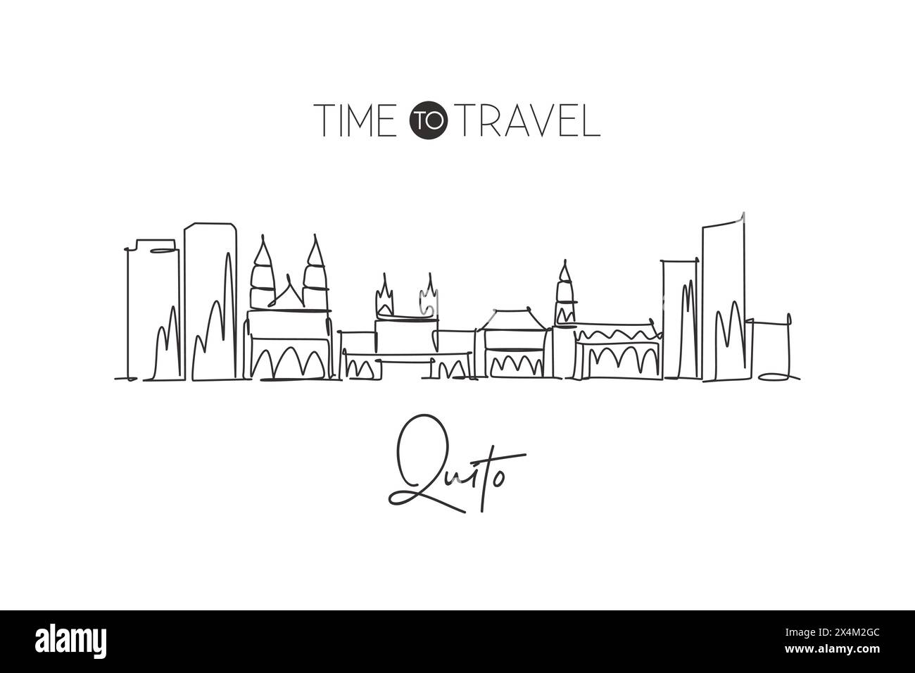 Single continuous line drawing of Quito city skyline, Ecuador. Famous ...