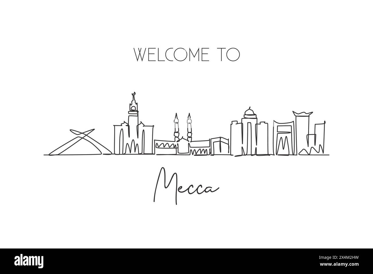 One continuous line drawing Mecca city skyline, Saudi Arabia. Beautiful ...