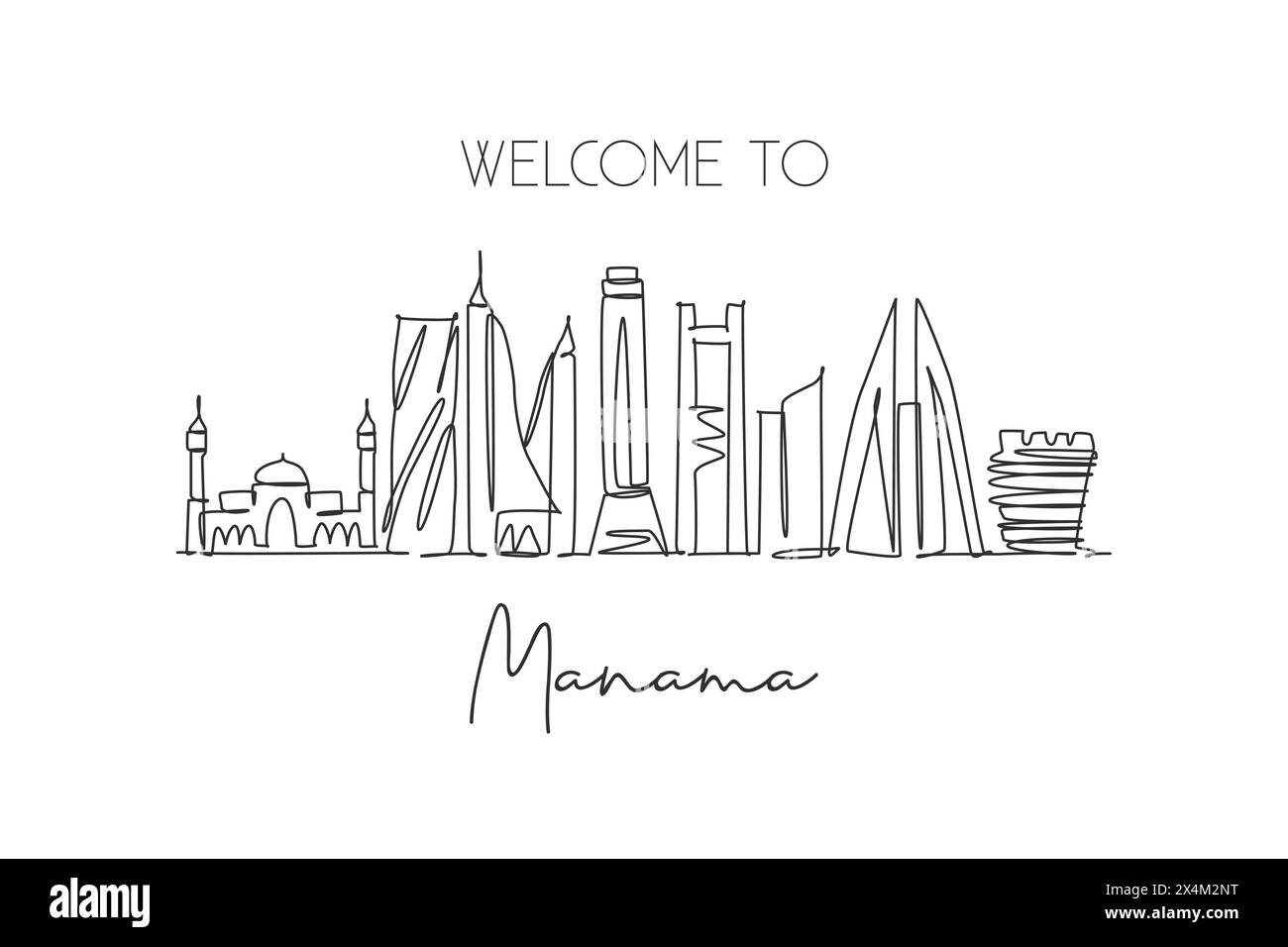 One continuous line drawing Manama city skyline Bahrain. Beautiful ...