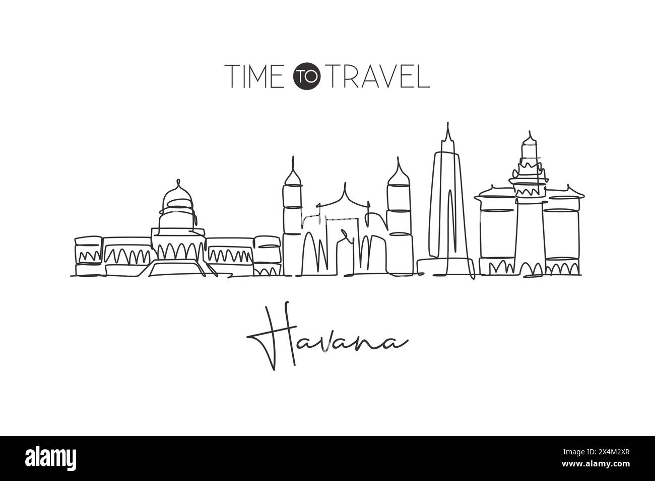 Single continuous line drawing Havana skyline, Cuba. Famous city ...