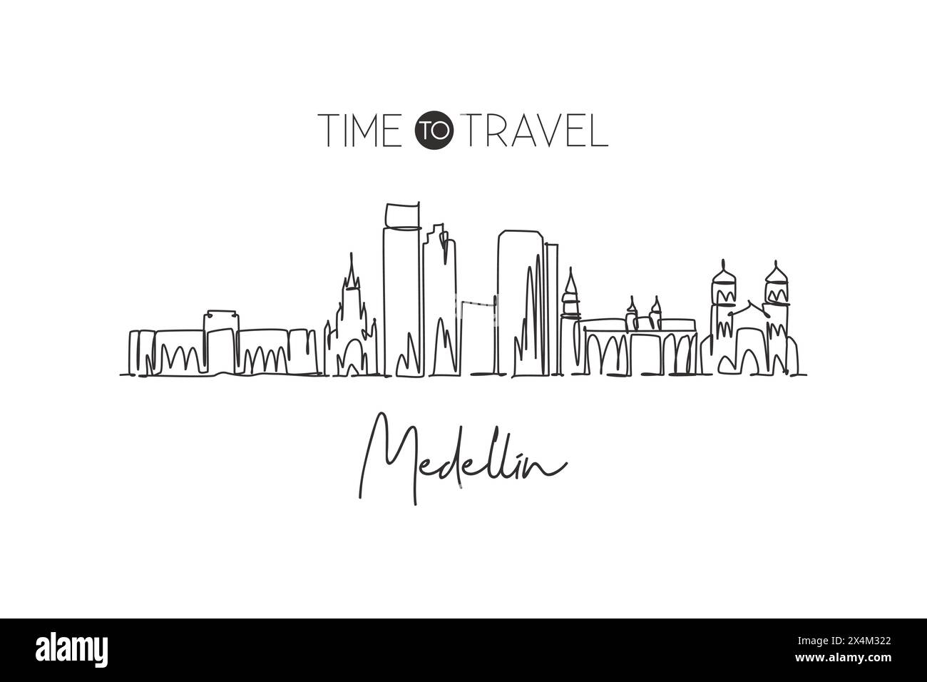 Single continuous line drawing of Medellin city skyline, Colombia ...