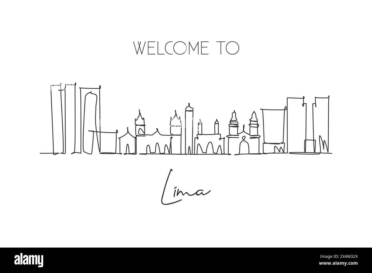 Single continuous line drawing of Lima city skyline, Peru. Famous city ...