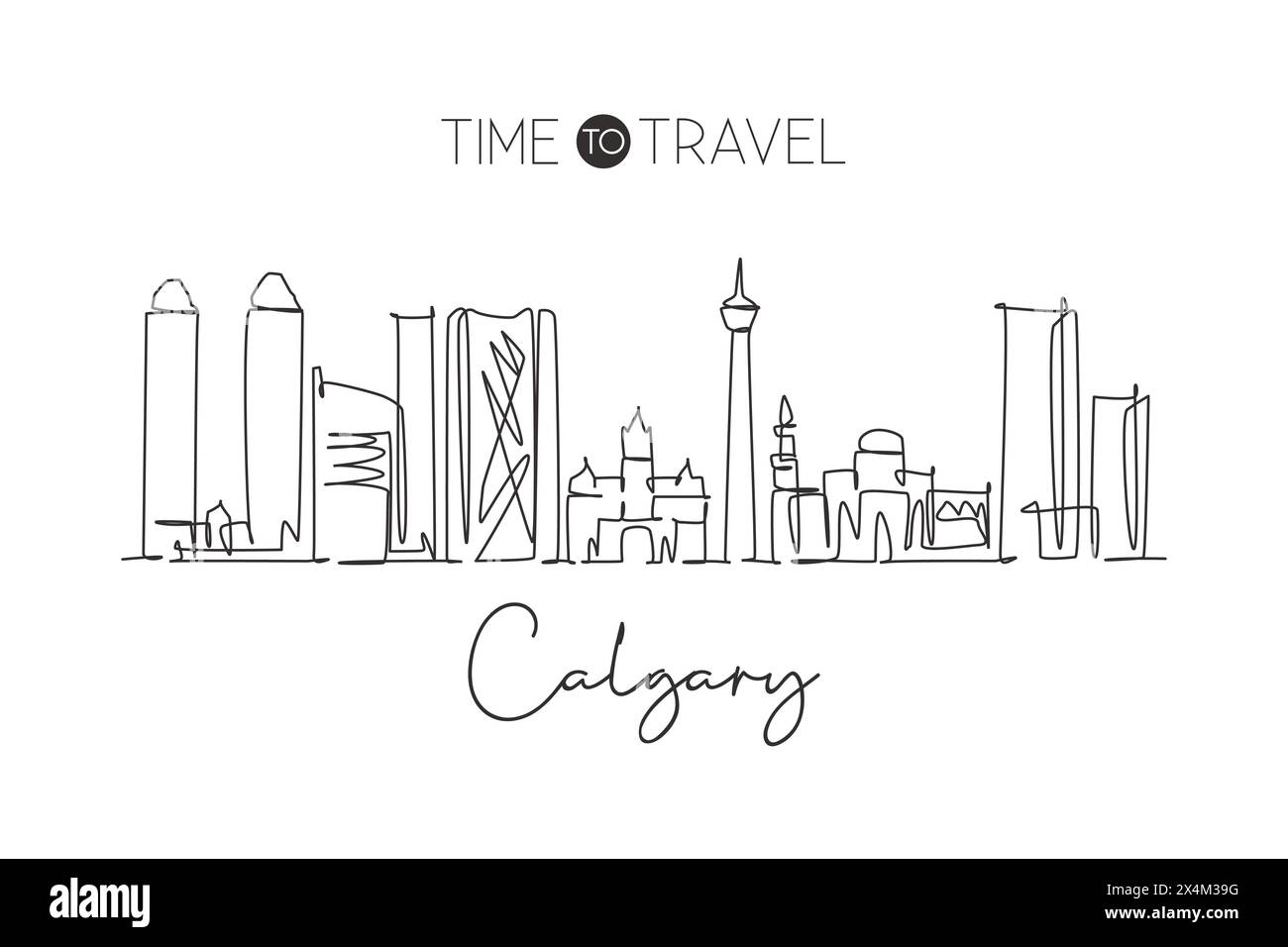 Single continuous line drawing of Calgary city skyline, Canada. Famous ...