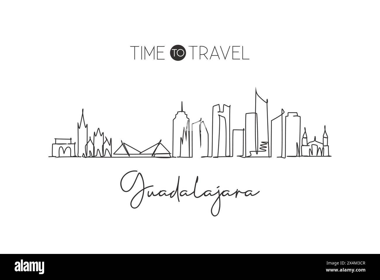 Single continuous line drawing Guadalajara skyline, Mexico. Famous city ...
