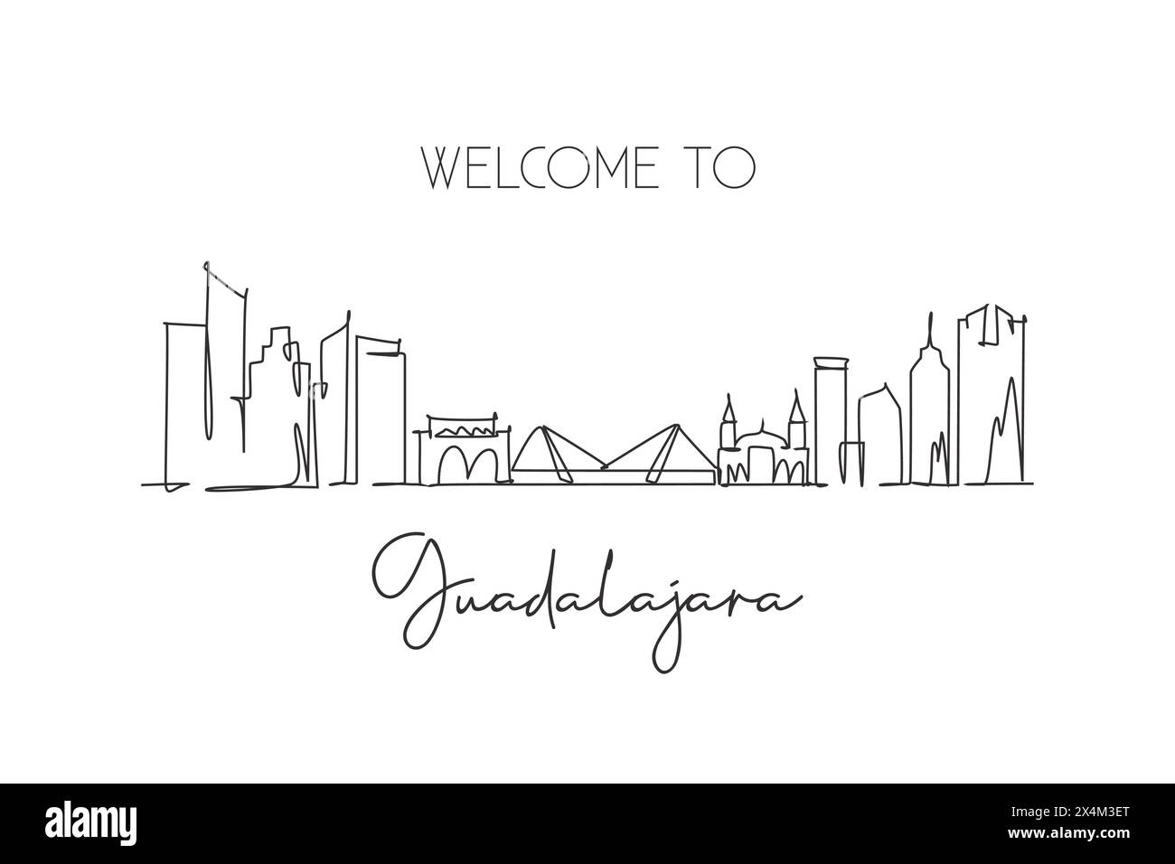 One continuous line drawing Guadalajara city skyline, Mexico. Beautiful ...