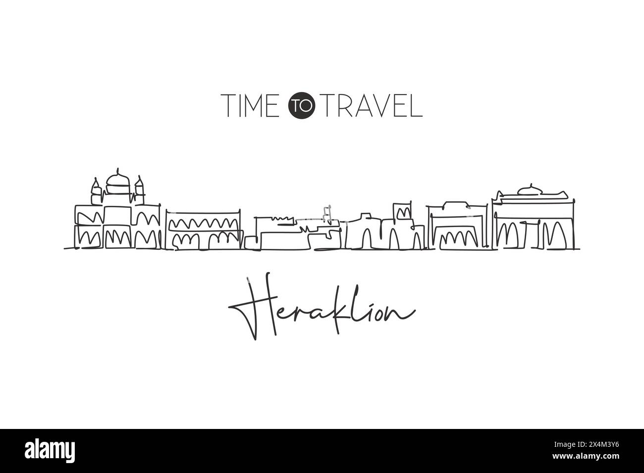 Single continuous line drawing Heraklion skyline, Greece. Famous city ...