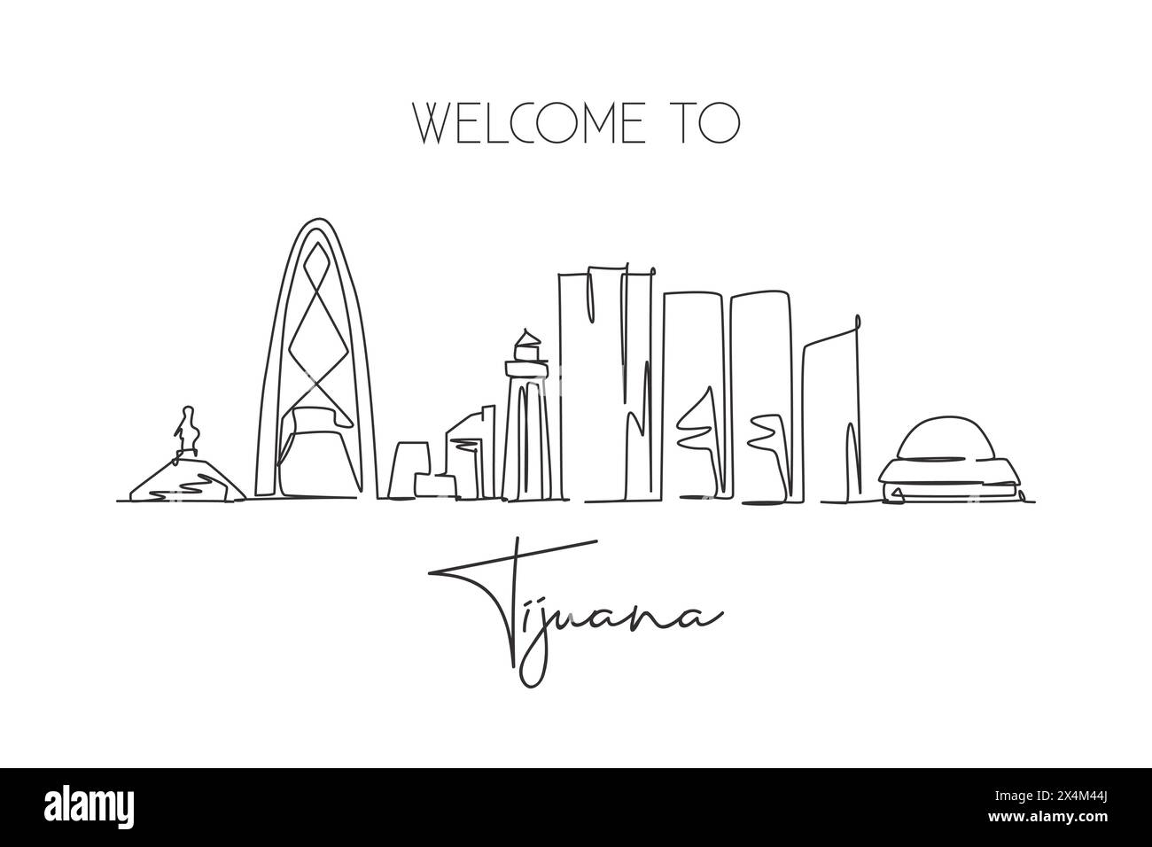 One continuous line drawing Tijuana city skyline, Mexico. Beautiful ...