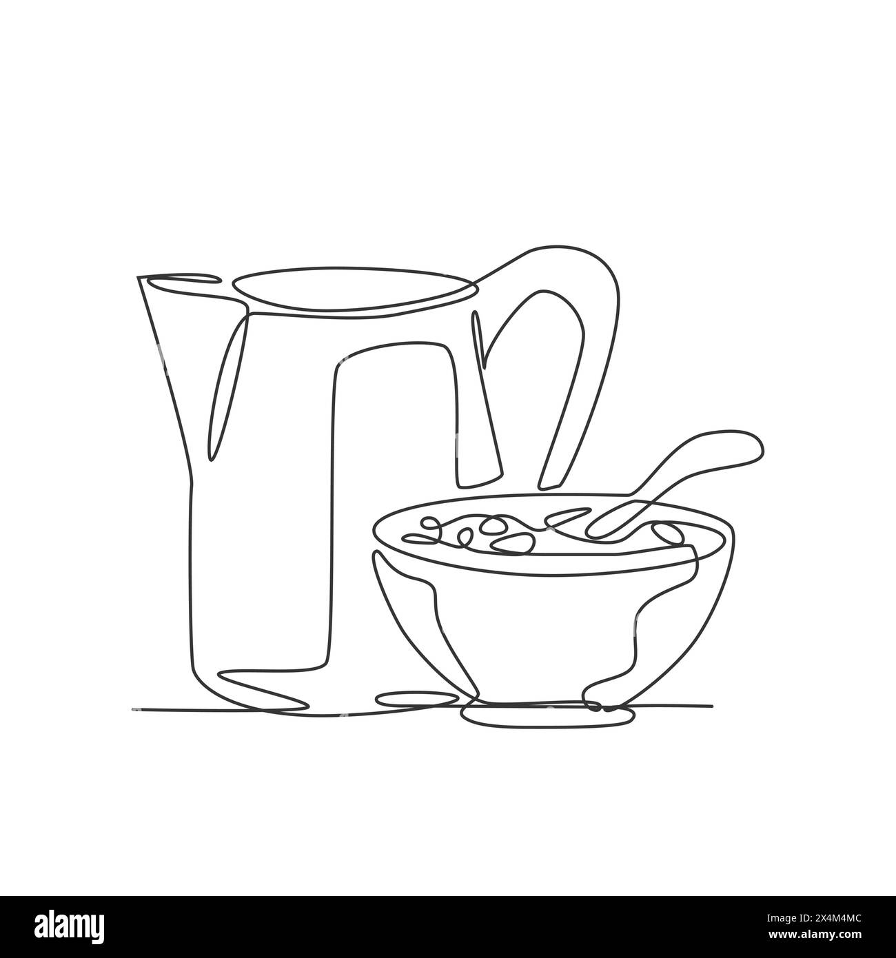 One single line drawing of bowl of cereal breakfast and pitcher of milk ...