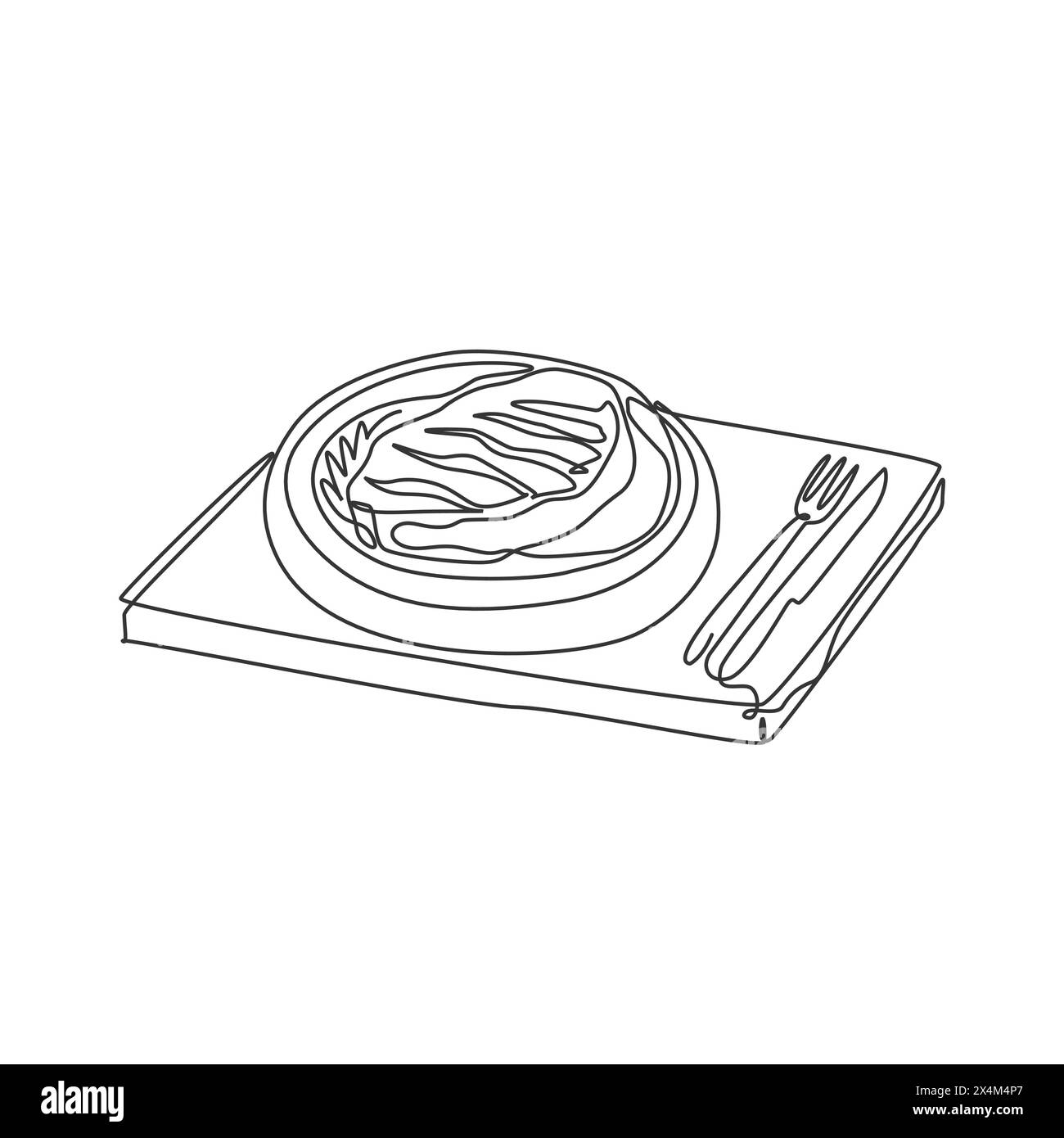Single continuous line drawing of stylized delicious steak with fork ...