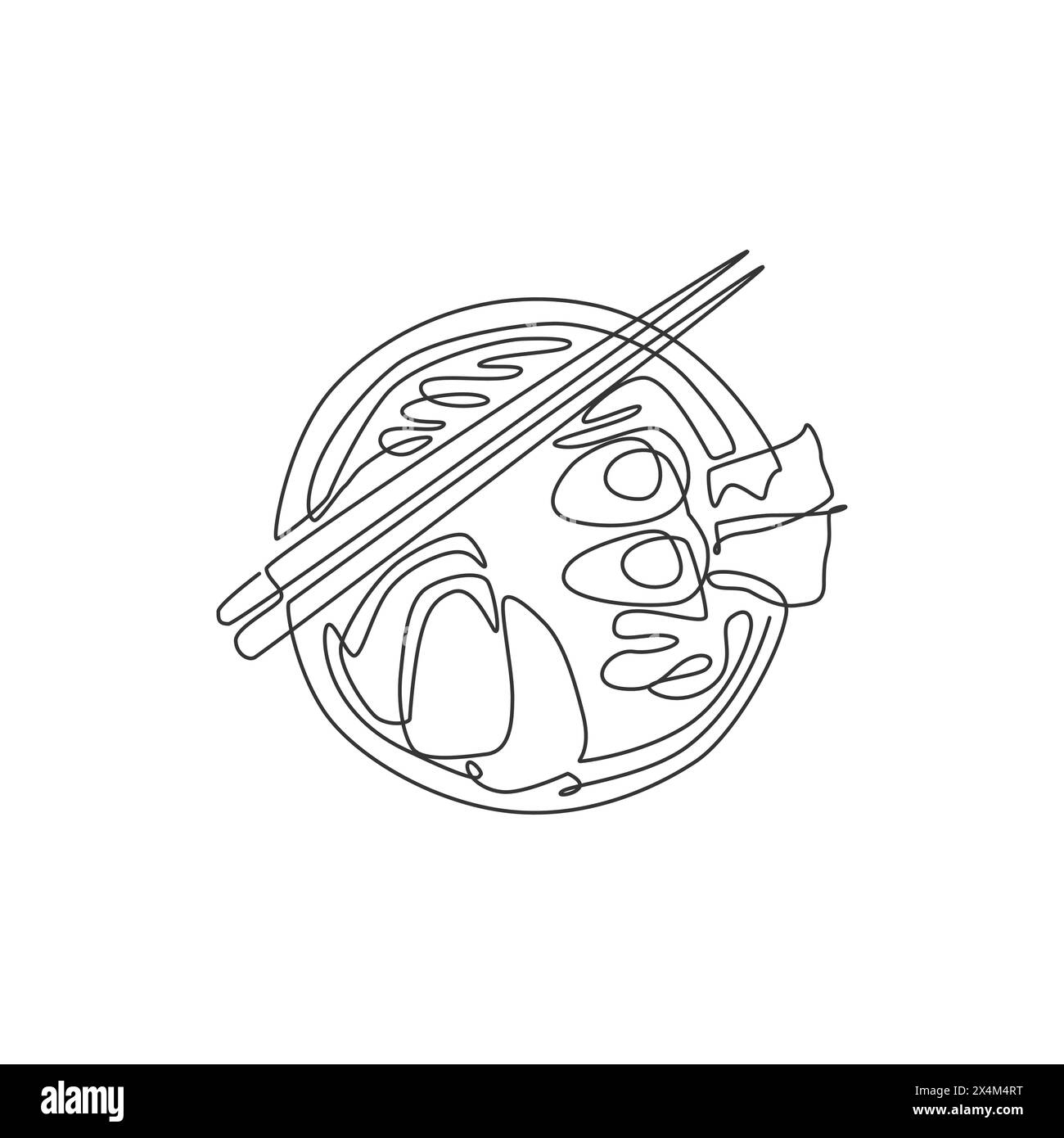 Single continuous line drawing of stylized Japanese ramen logo label ...