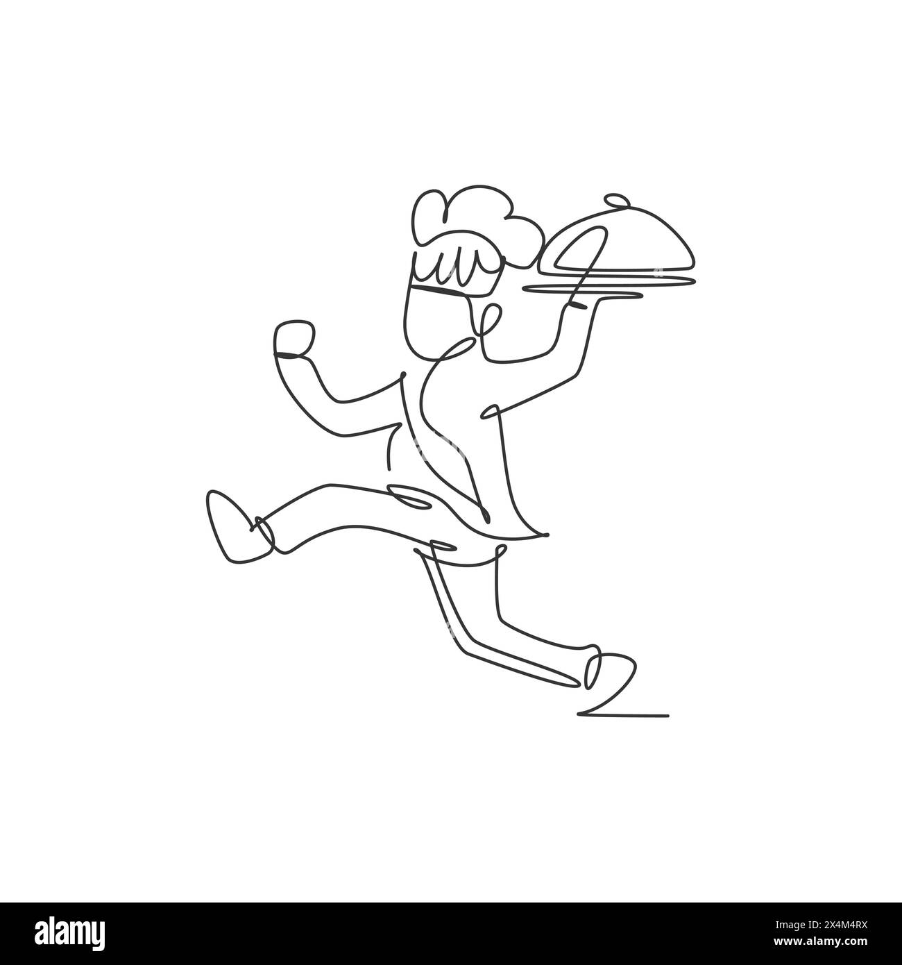 Single continuous line drawing of happy young man carrying tray cover ...