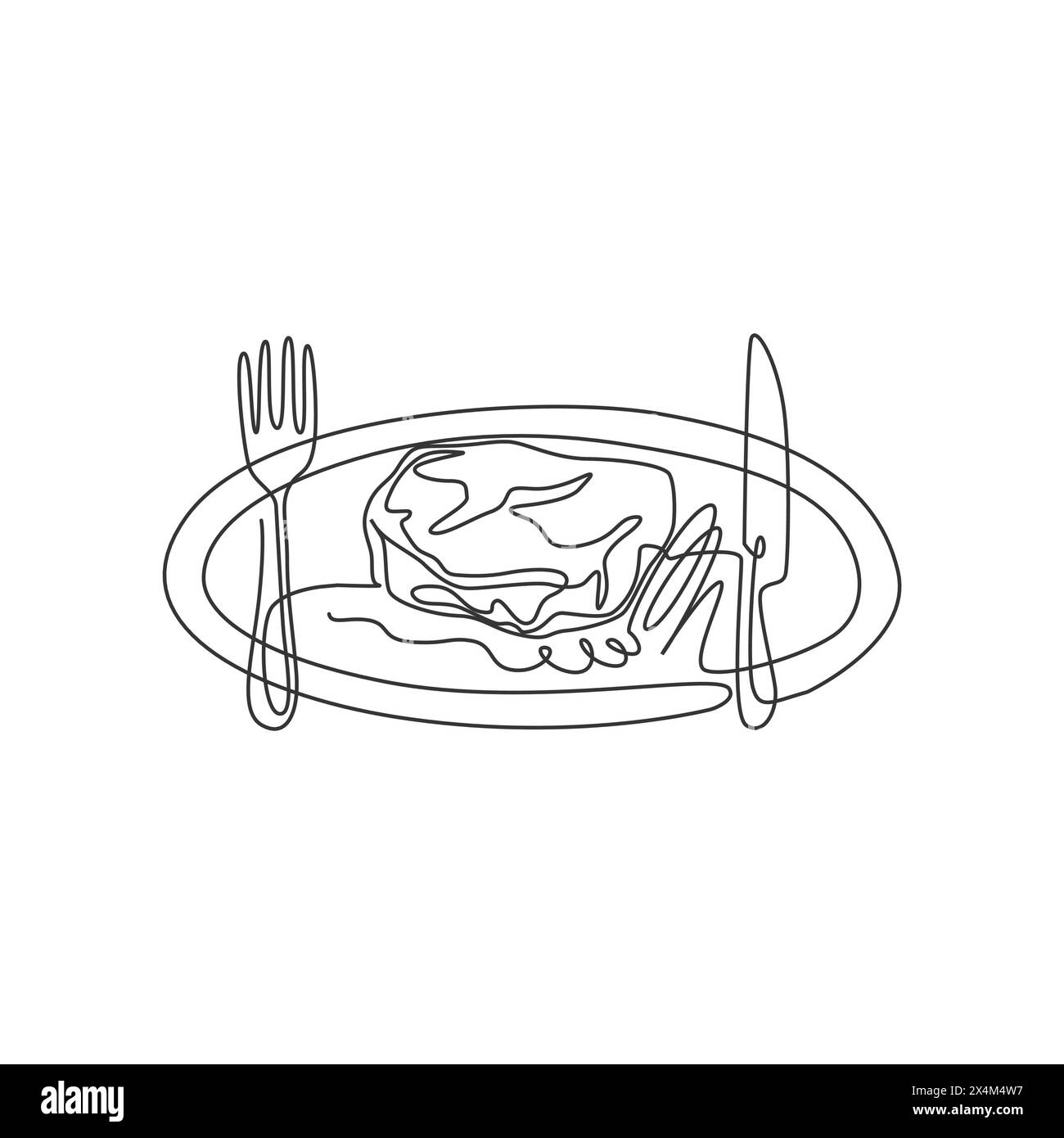 Single continuous line drawing of stylized rosemary steak on plate with ...