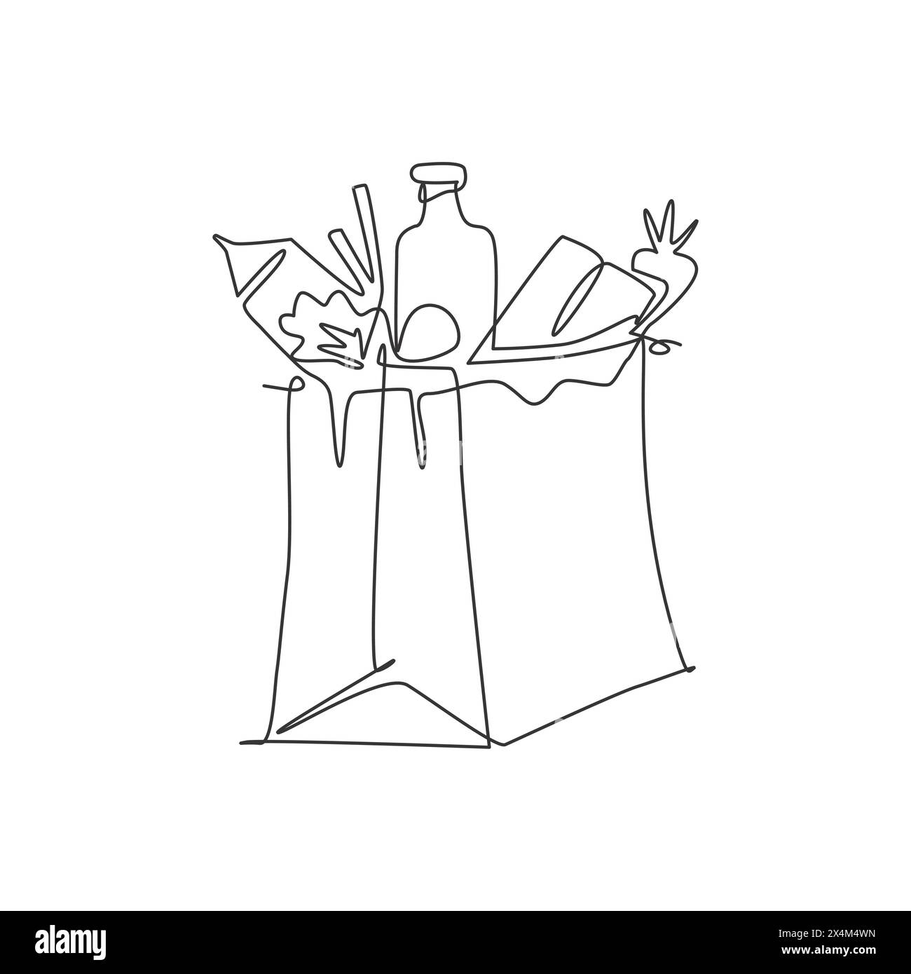 One single line drawing of fresh paper grocery bag contain milk, carrot ...