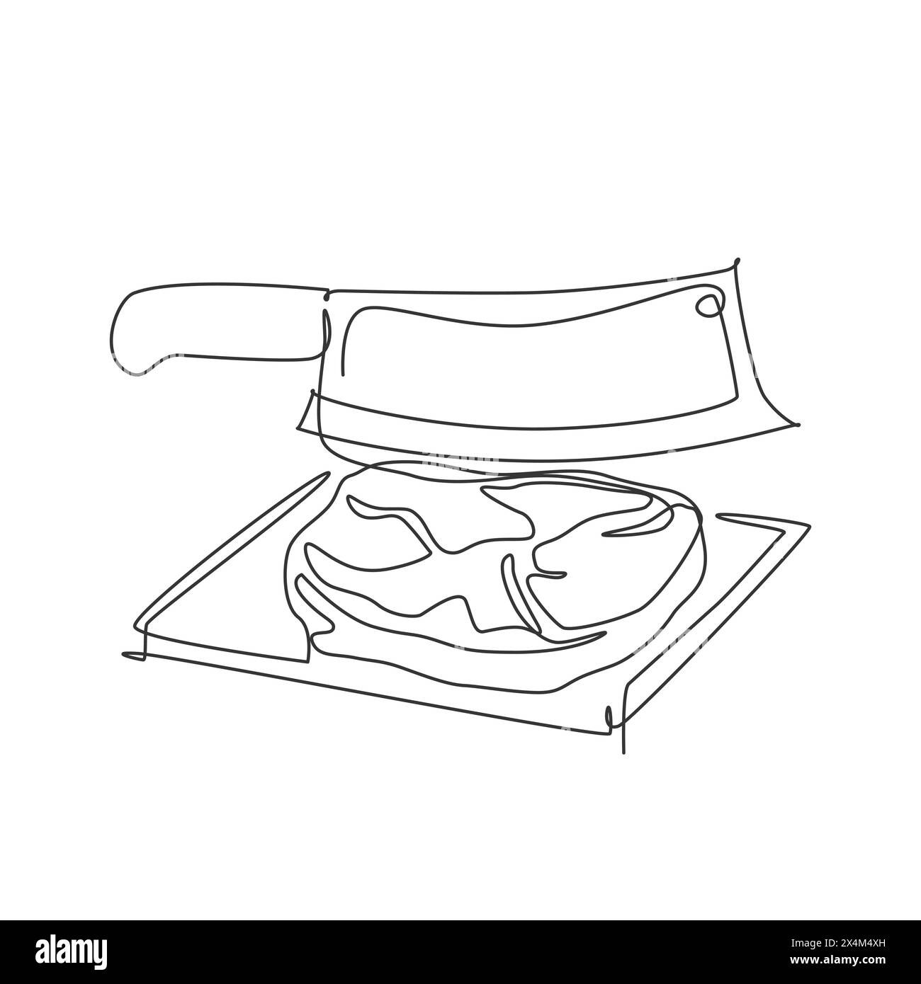 One continuous line drawing of fresh delicious beef steak on hot plate ...