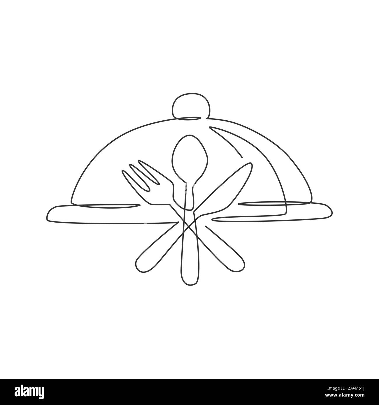 One continuous line drawing of food tray cover cloche with fork, spoon ...