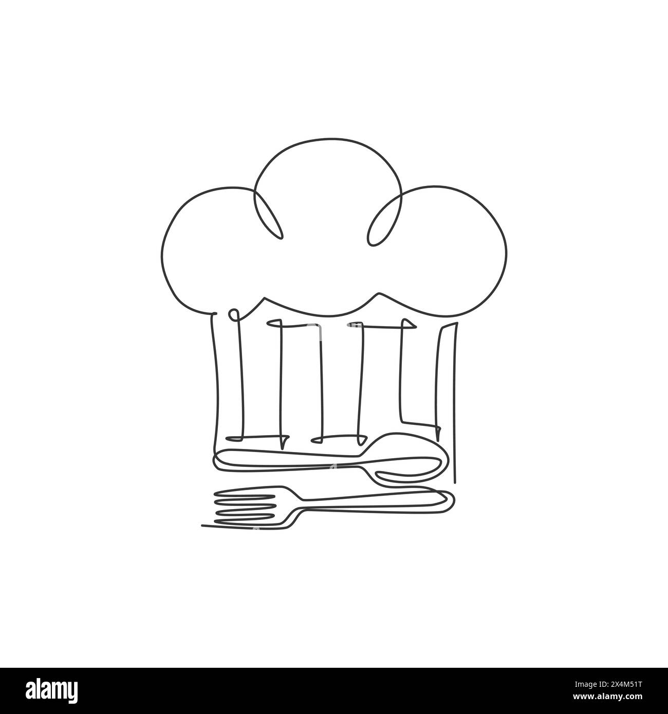 One continuous line drawing of chef hat with fork and spoon for ...