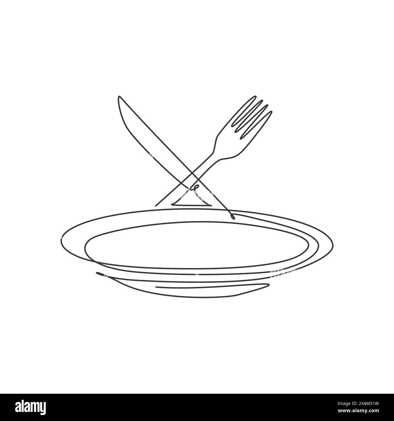 Single continuous line drawing of stylized empty plate fork and knife ...