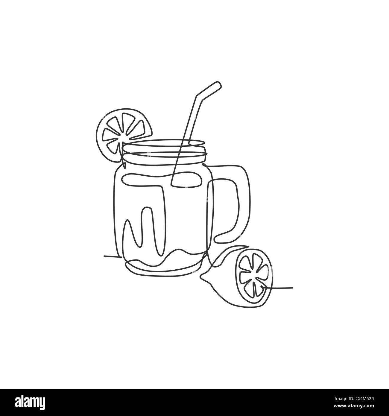One single line drawing of fresh lemonade ice on jar glass with sliced lemon vector illustration ...
