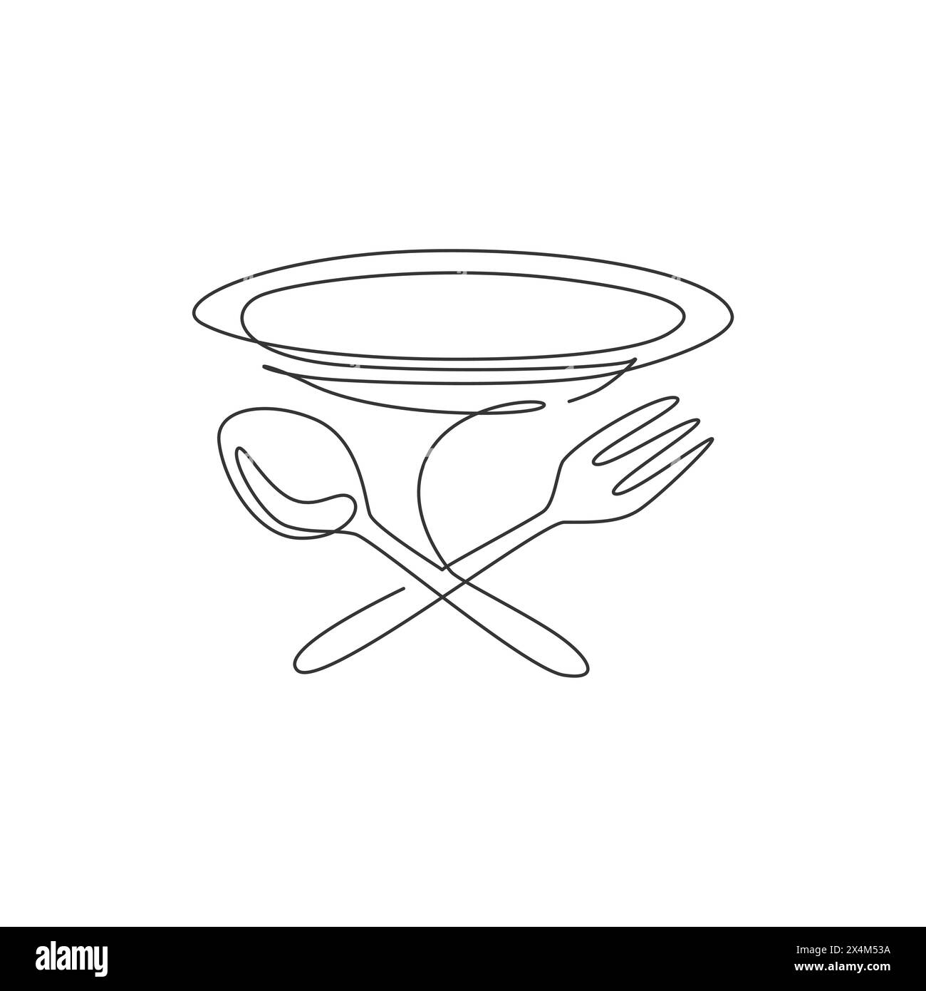 Single continuous line drawing stylized plate, fork and spoon for cafe ...