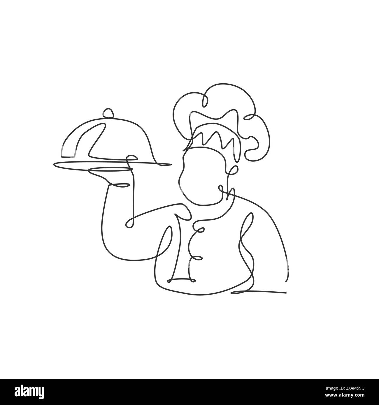 Single continuous line drawing of stylized man chef serving food for ...