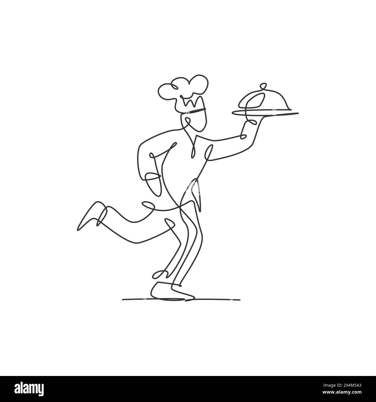 One single line drawing of young man running while carrying tray cover ...