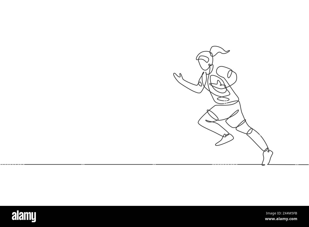One continuous line drawing of young female rugby player catch and hold ...