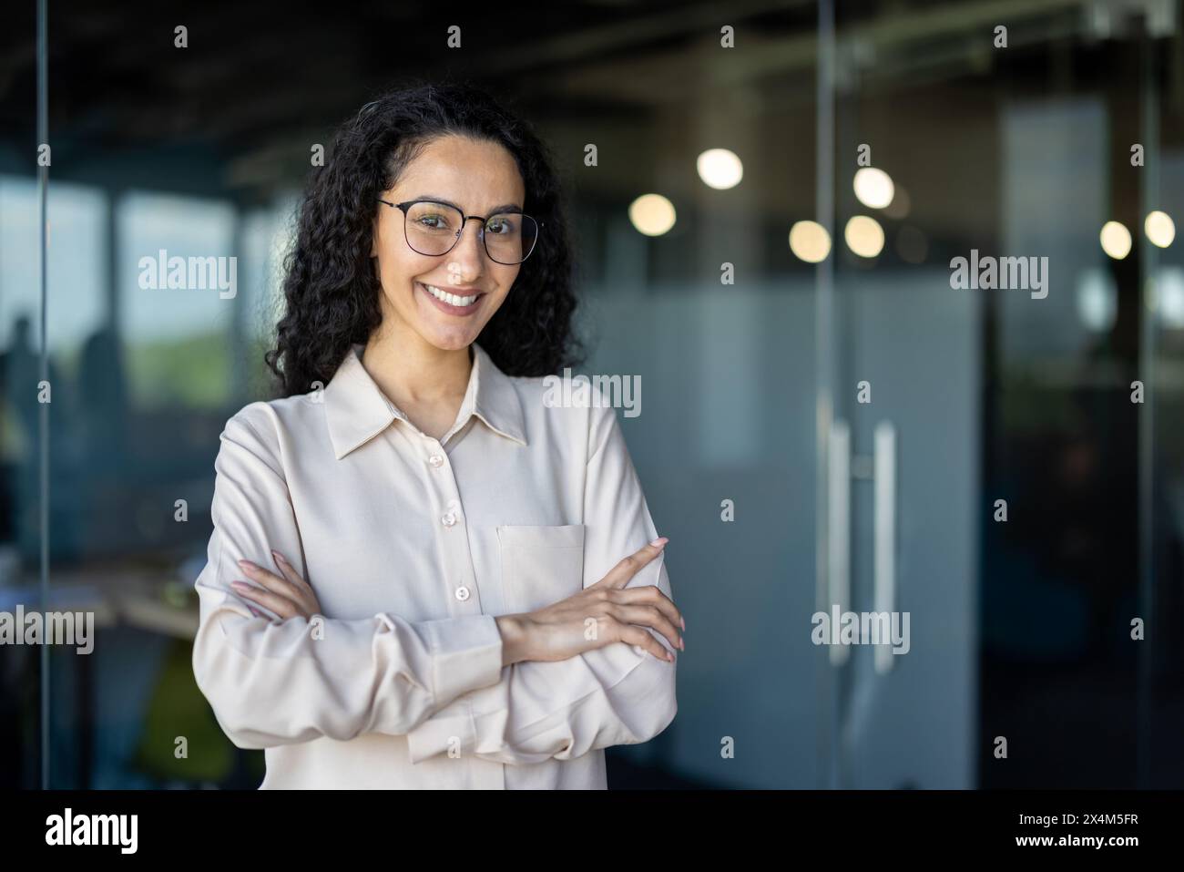 Portrait of happy and successful business woman, boss in shirt smiling ...