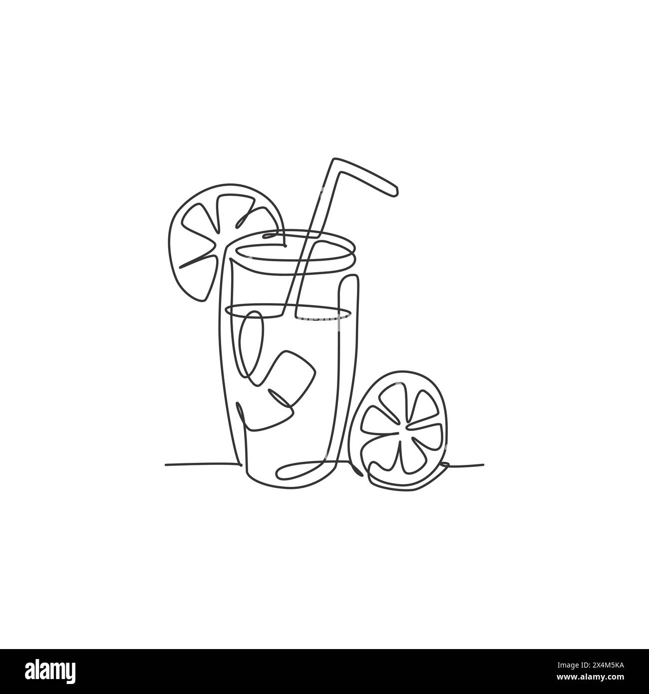 One continuous line drawing of fresh delicious lemonade ice with sliced lemon for restaurant ...