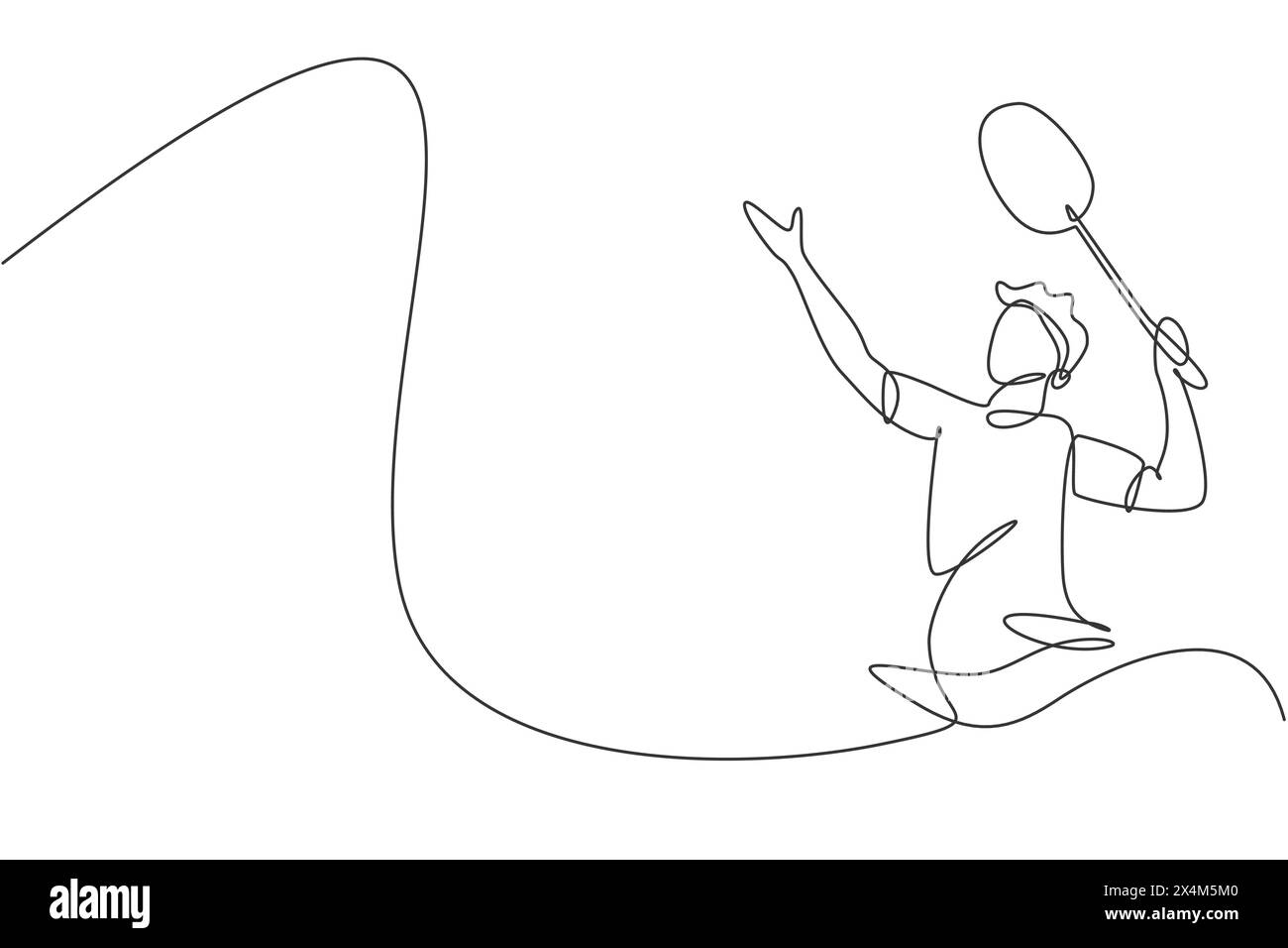 One continuous line drawing of young badminton player hit shuttlecock ...