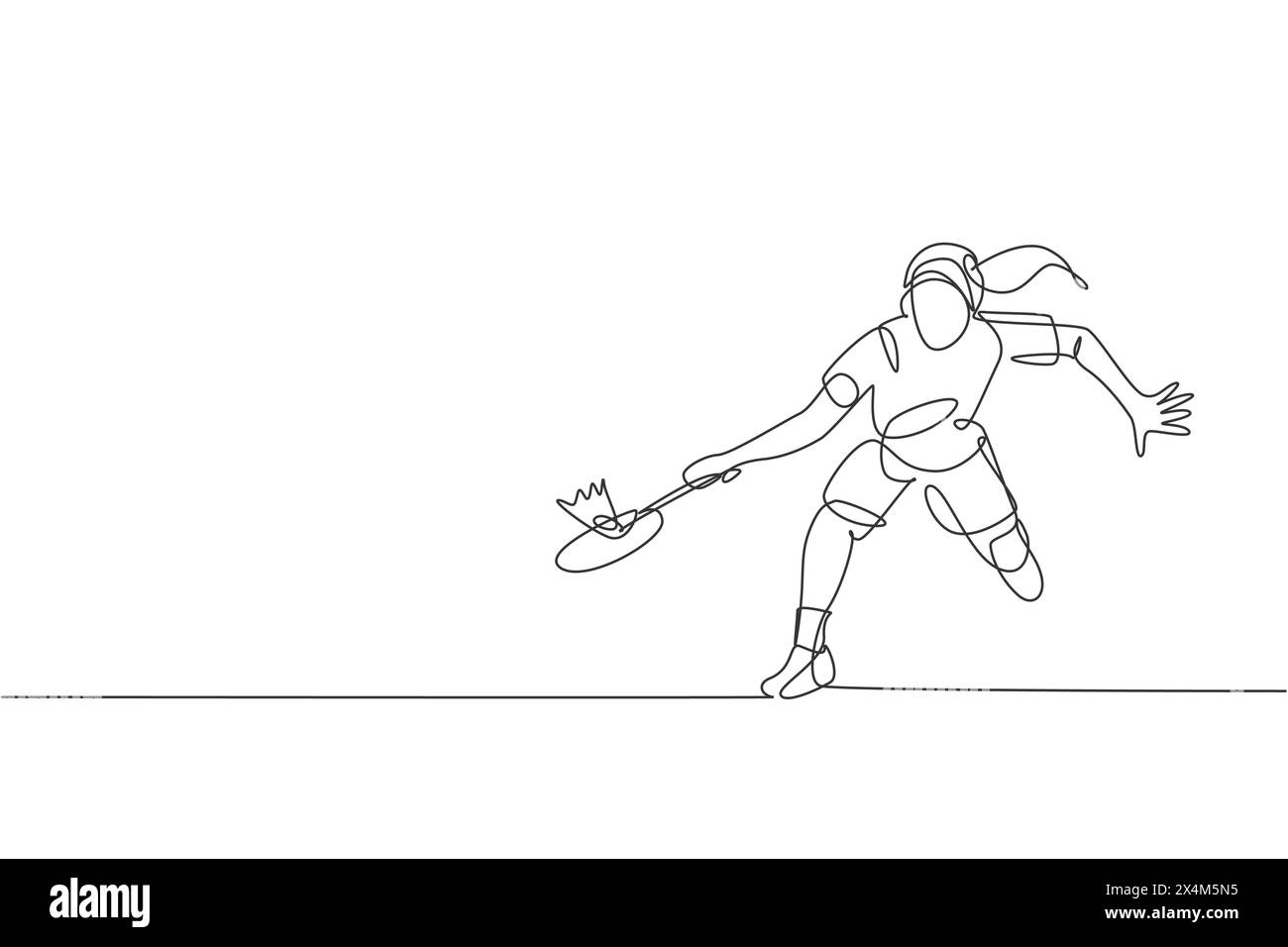One continuous line drawing of young badminton player defense to hold ...