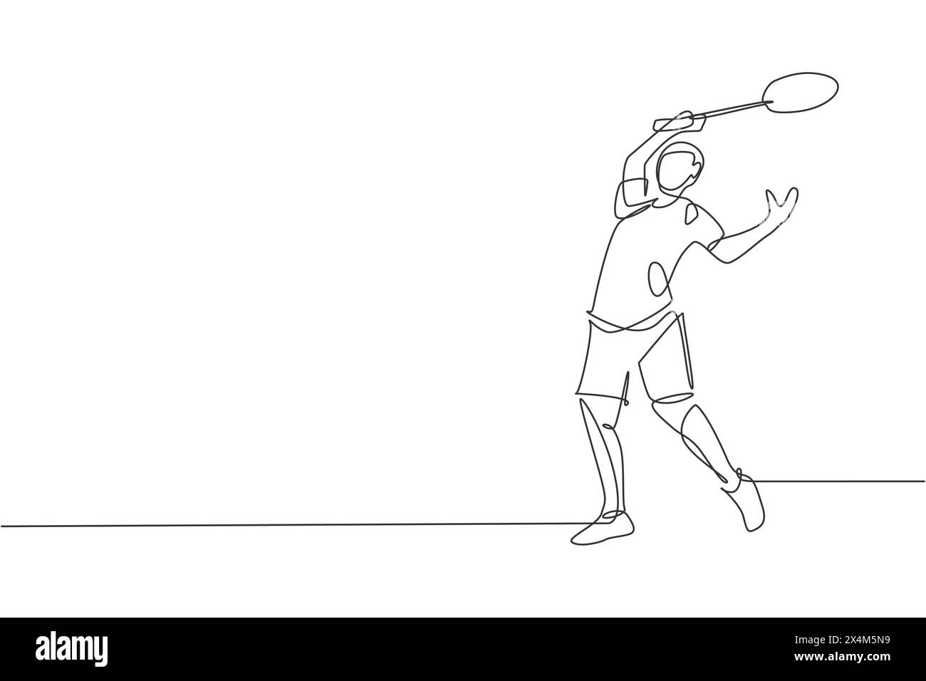 One continuous line drawing of young badminton player defense to take ...