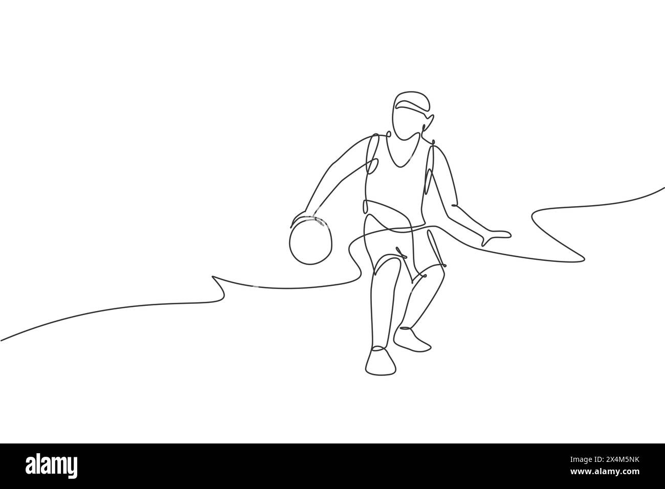 One continuous line drawing of young basketball player training at ...
