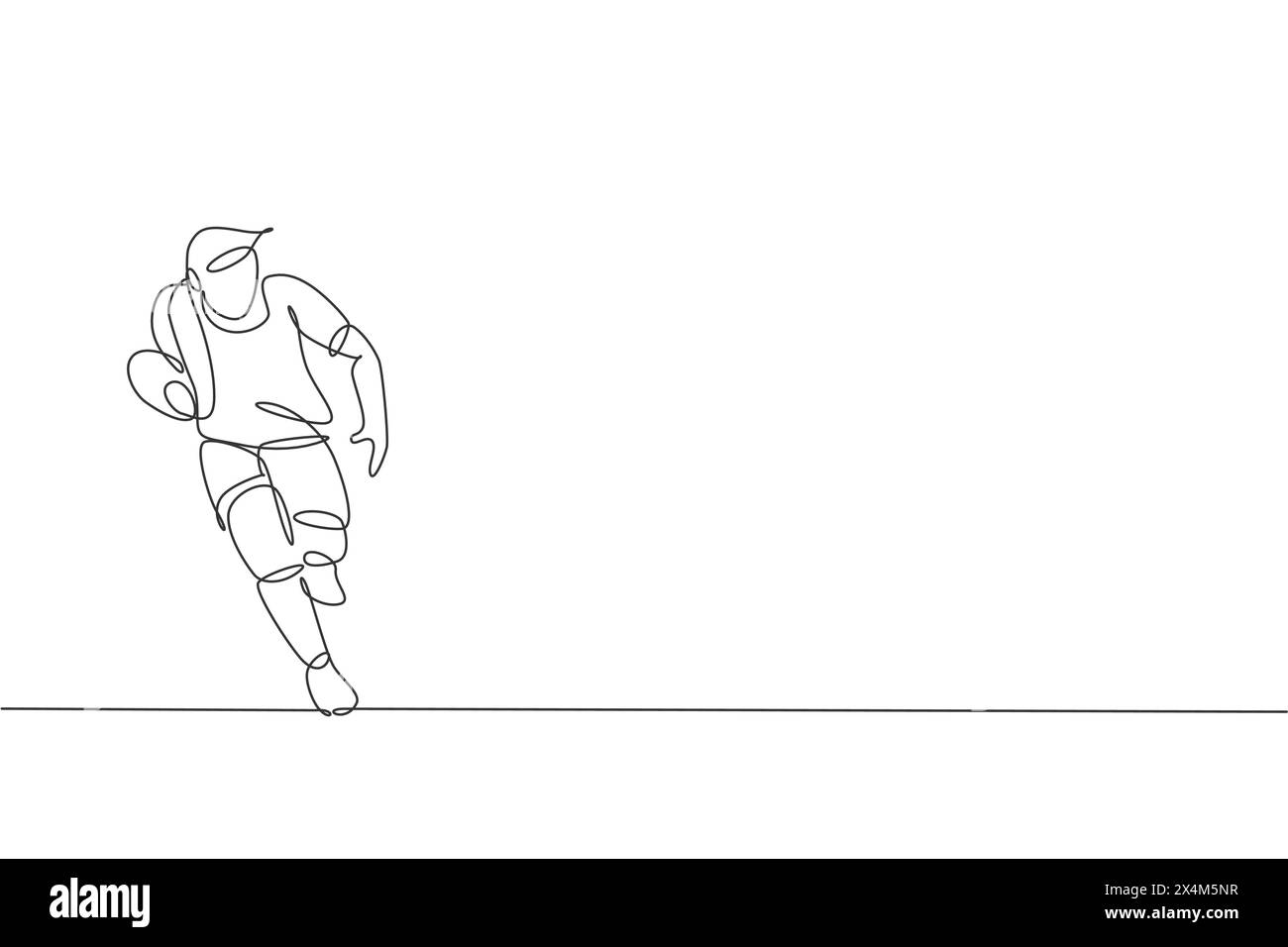 Single continuous line drawing of young agile rugby player running to ...