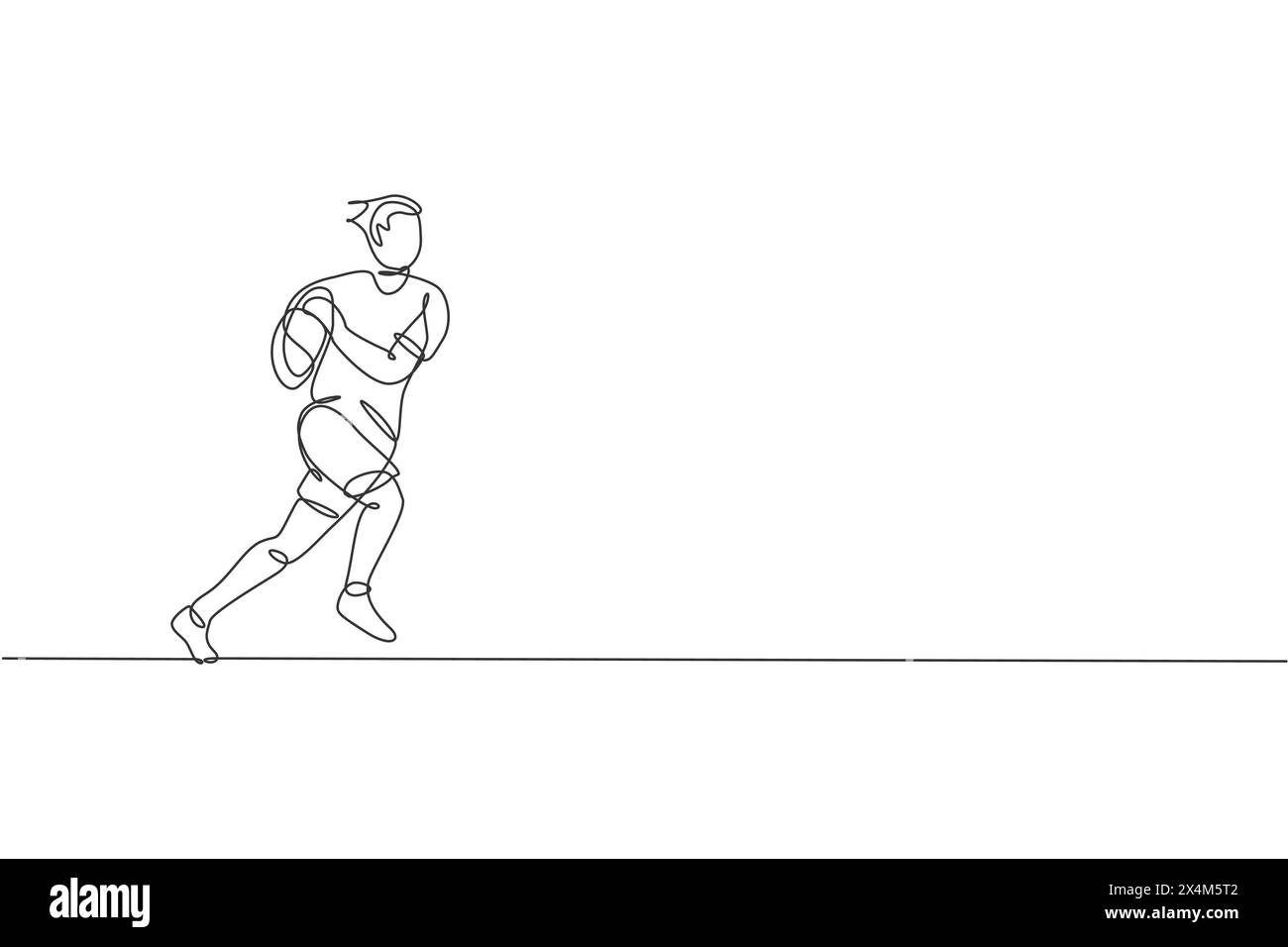 One single line drawing of young energetic rugby player running and holding the ball vector ...