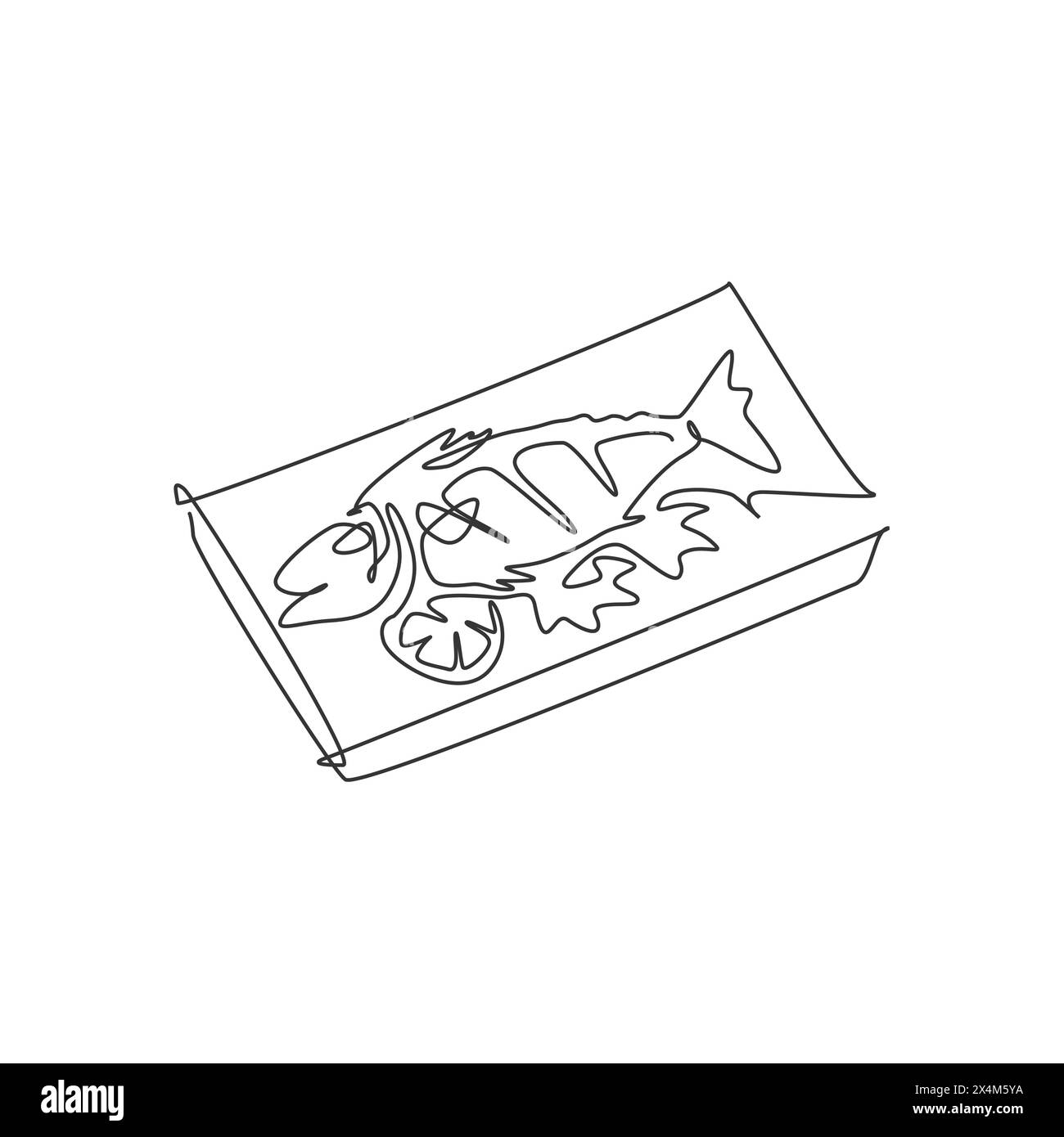 One single line drawing of fresh tasty delicious baked salmon fish on ...