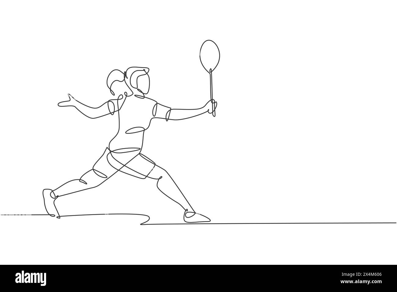 One single line drawing of young energetic badminton player defense to ...