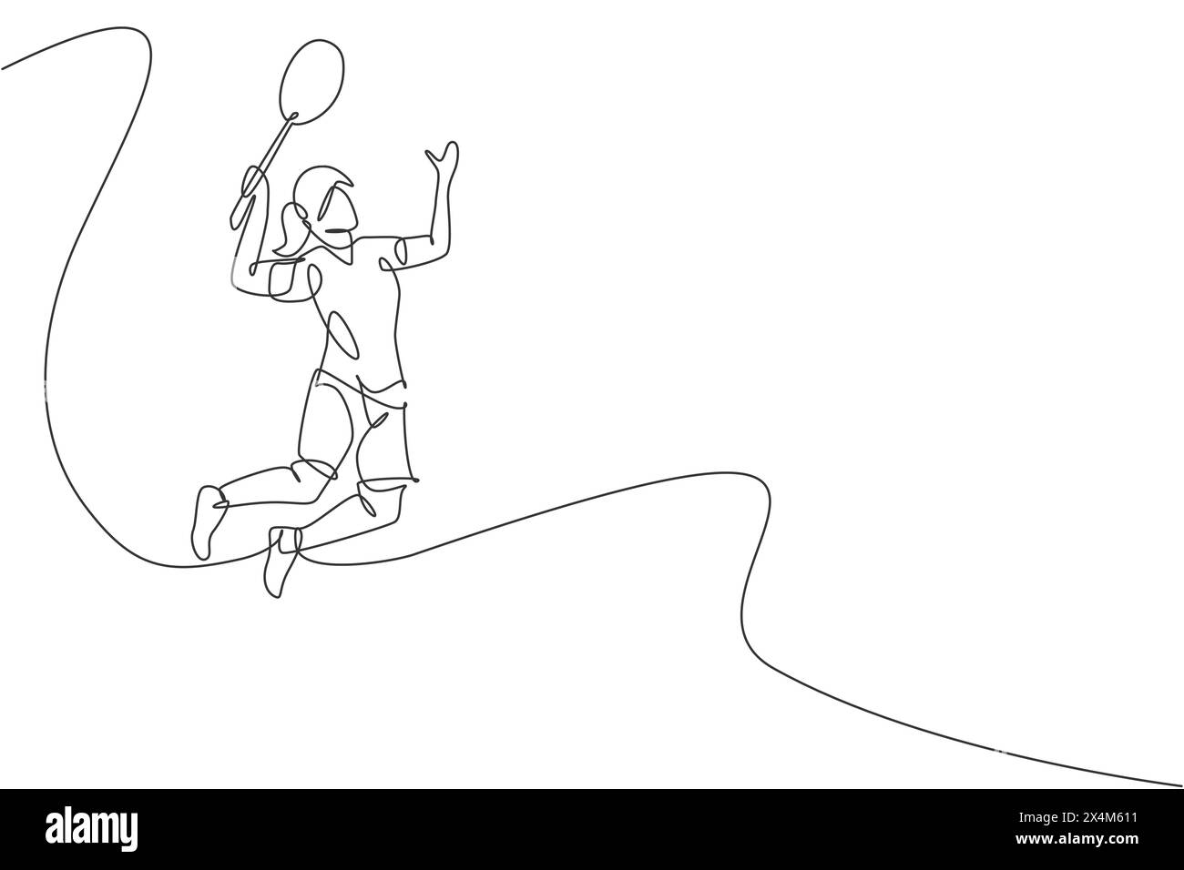 Single continuous line drawing of young agile badminton player jump hit ...