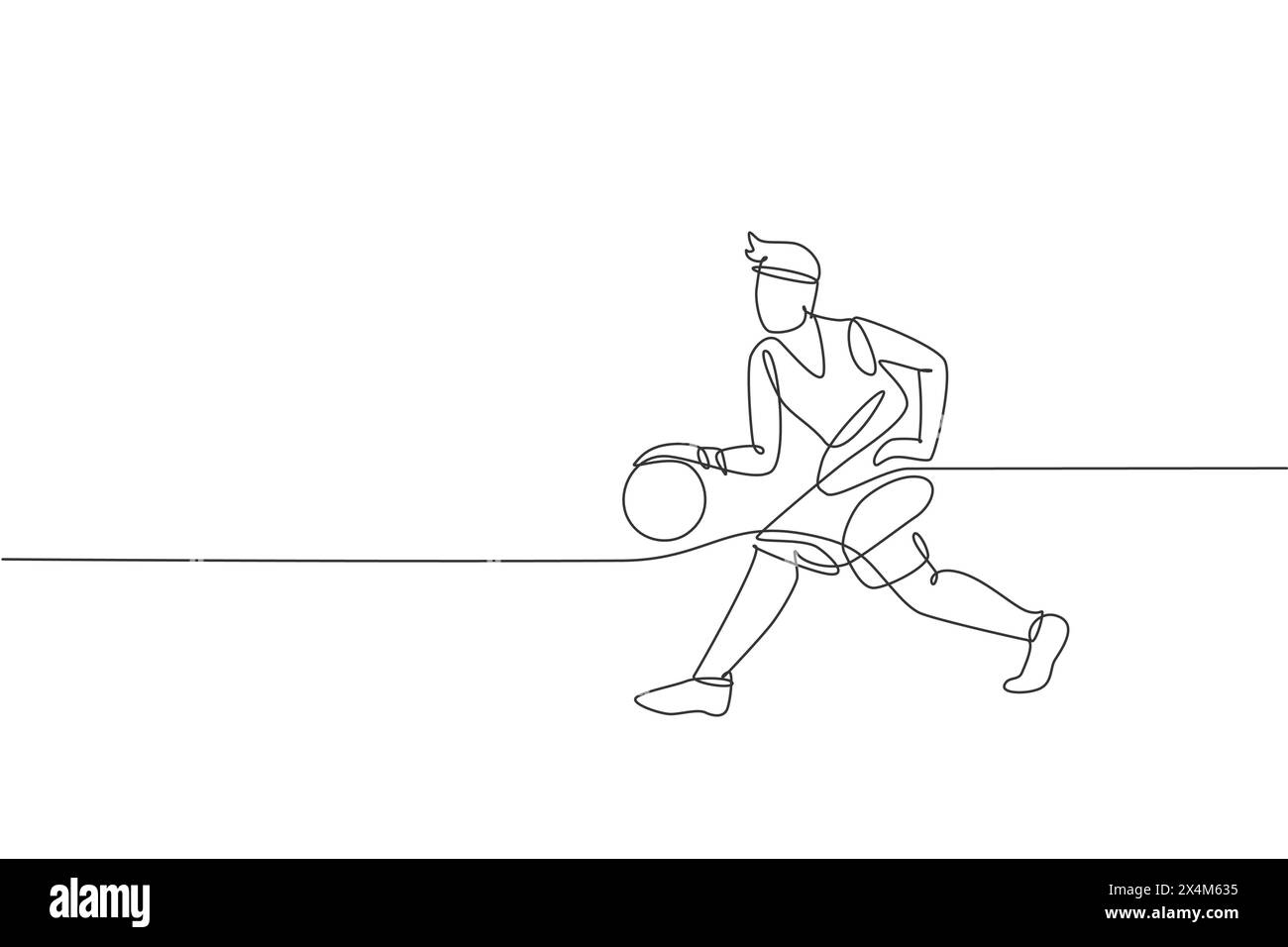One continuous line drawing of young basketball player running and ...