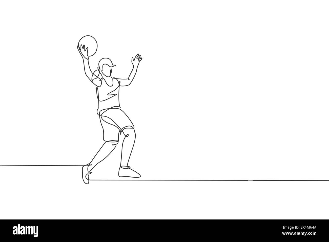 One continuous line drawing young basketball woman player catch the ...