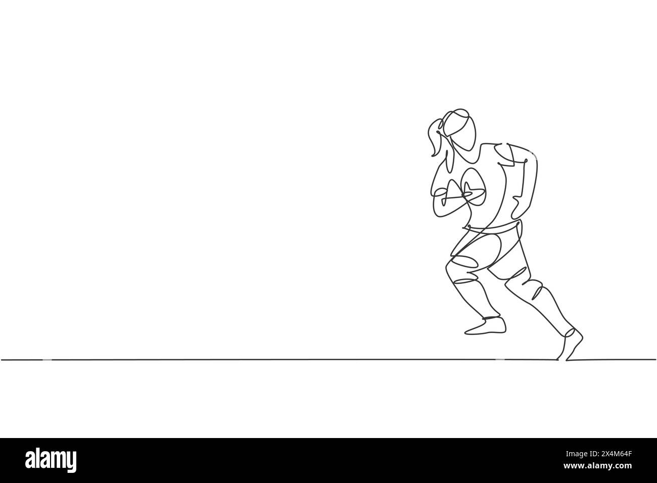 One single line drawing of young energetic rugby player running and holding the ball vector ...
