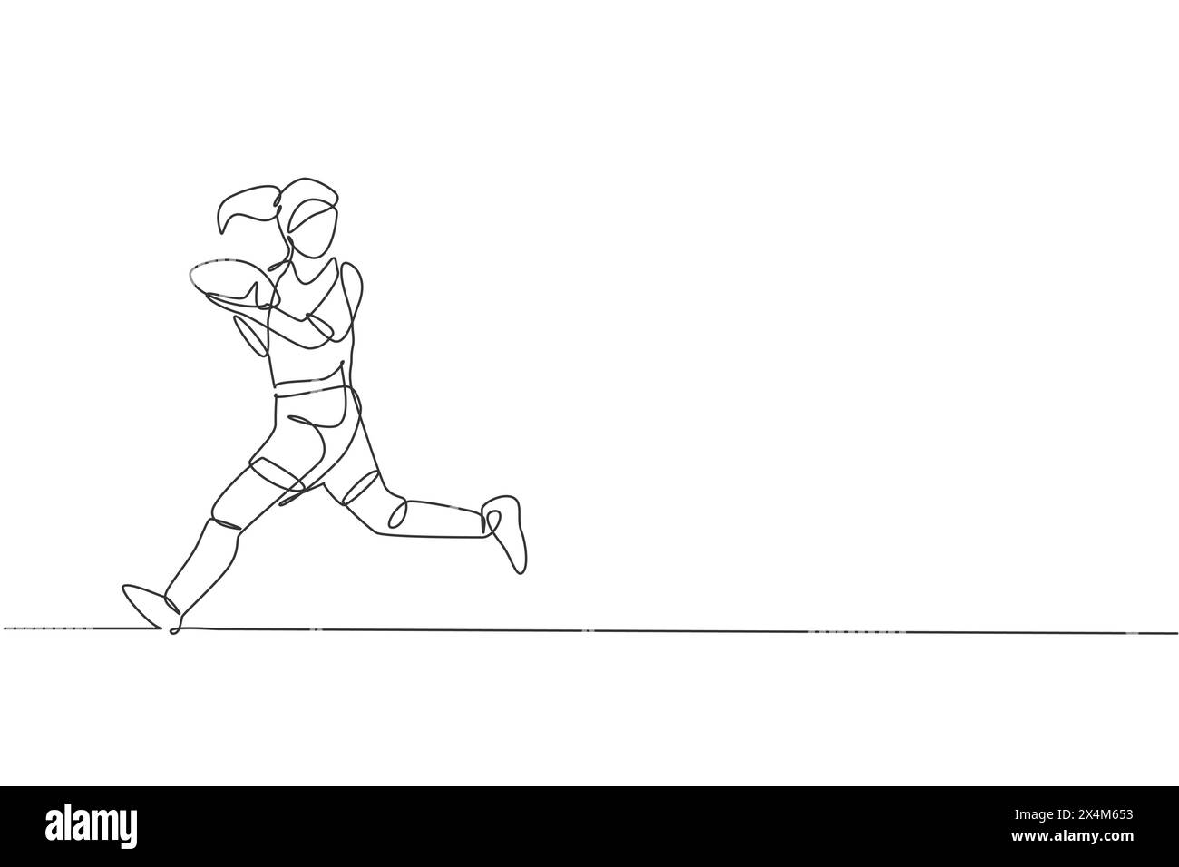 One continuous line drawing young rugby player run and catch the ball ...