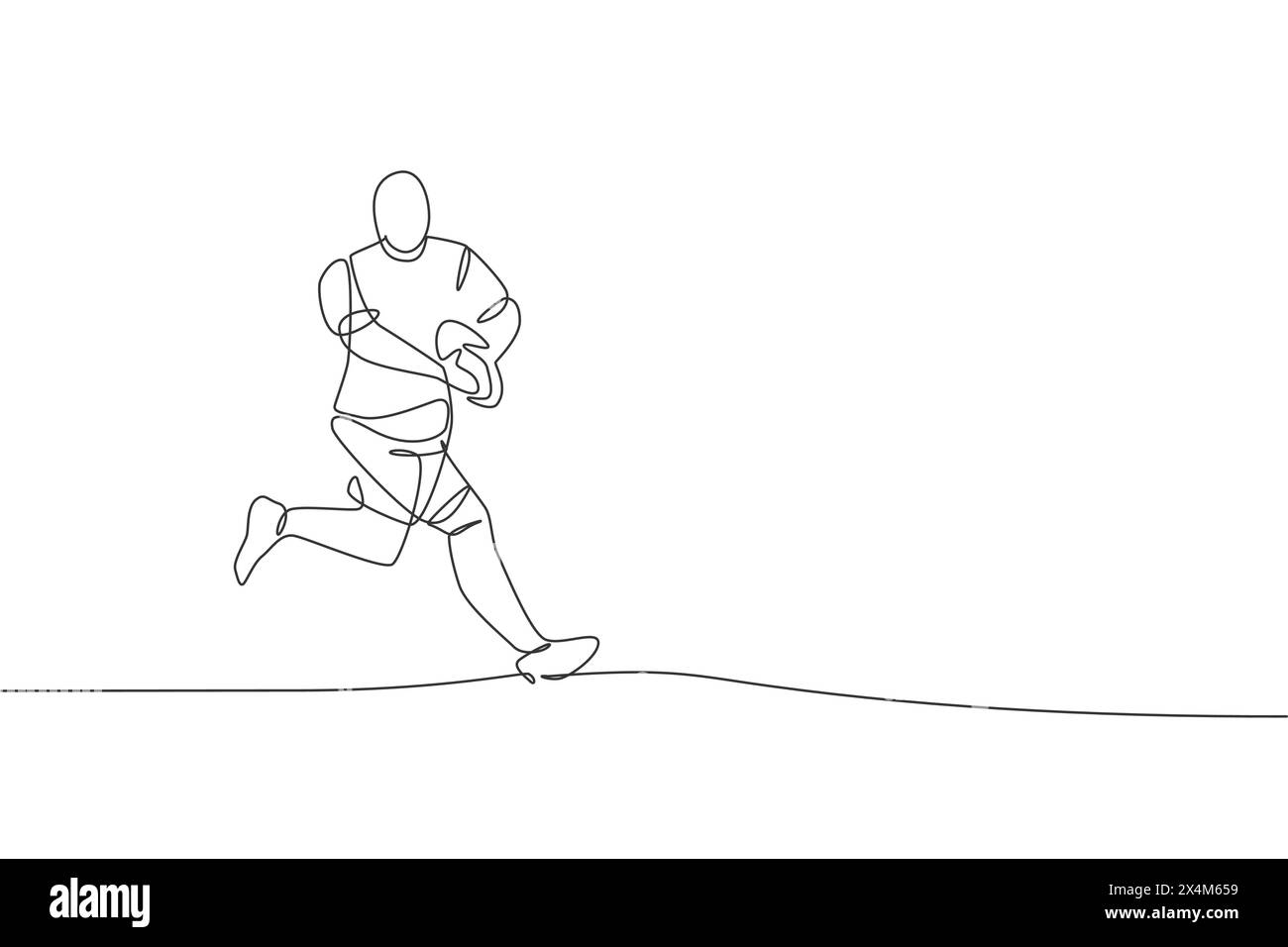 One continuous line drawing of young strong male rugby player catch the ...