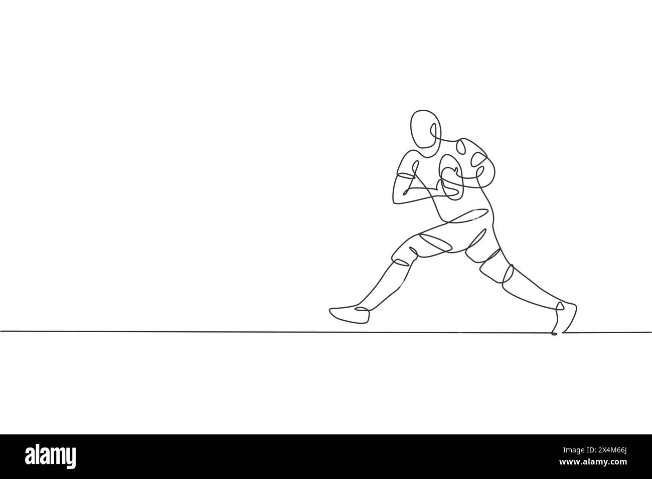 One single line drawing of young energetic rugby player running and ...