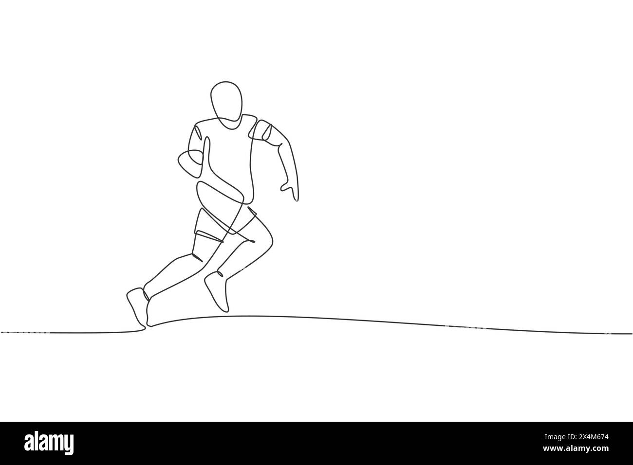 Single continuous line drawing of young agile rugby player running to ...