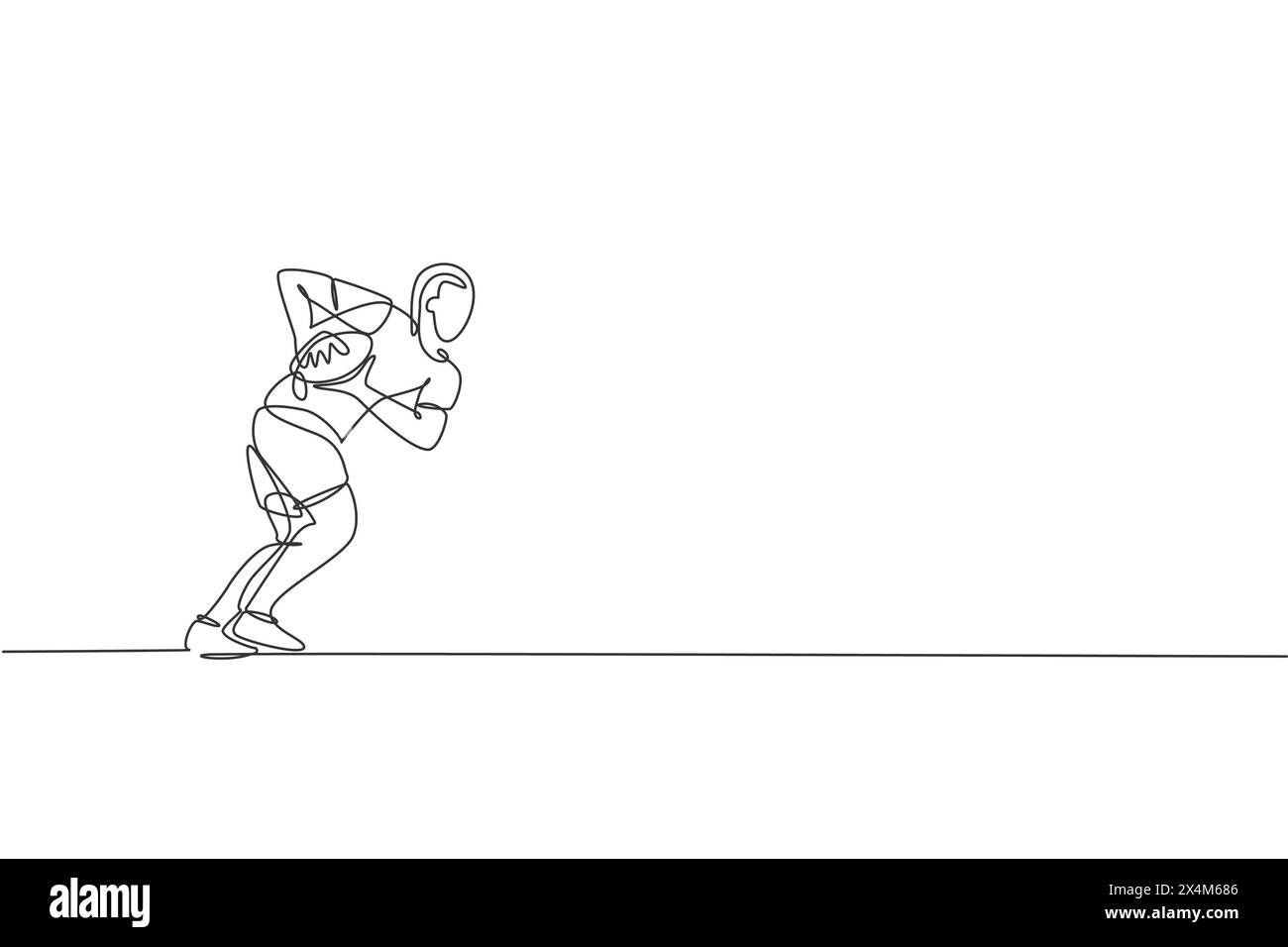 Single continuous line drawing young agile rugby player run defending ...