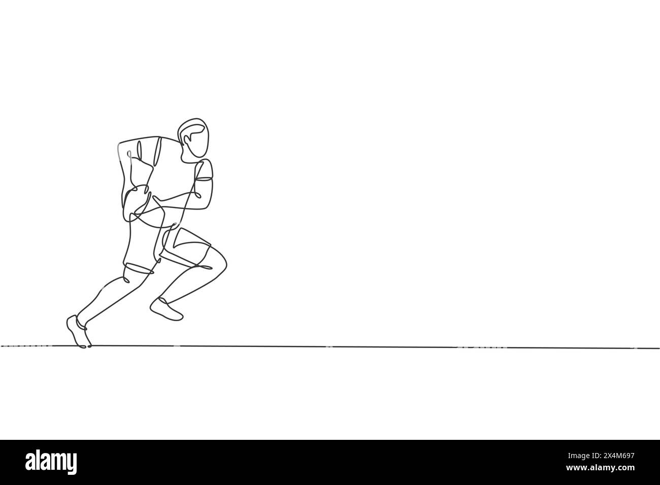 One continuous line drawing of young rugby player catch and defend the ...
