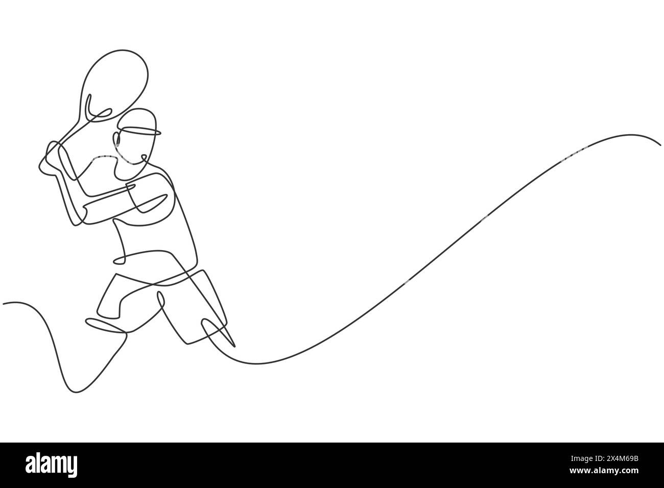 One single line drawing young energetic male tennis player hit the ball graphic vector ...